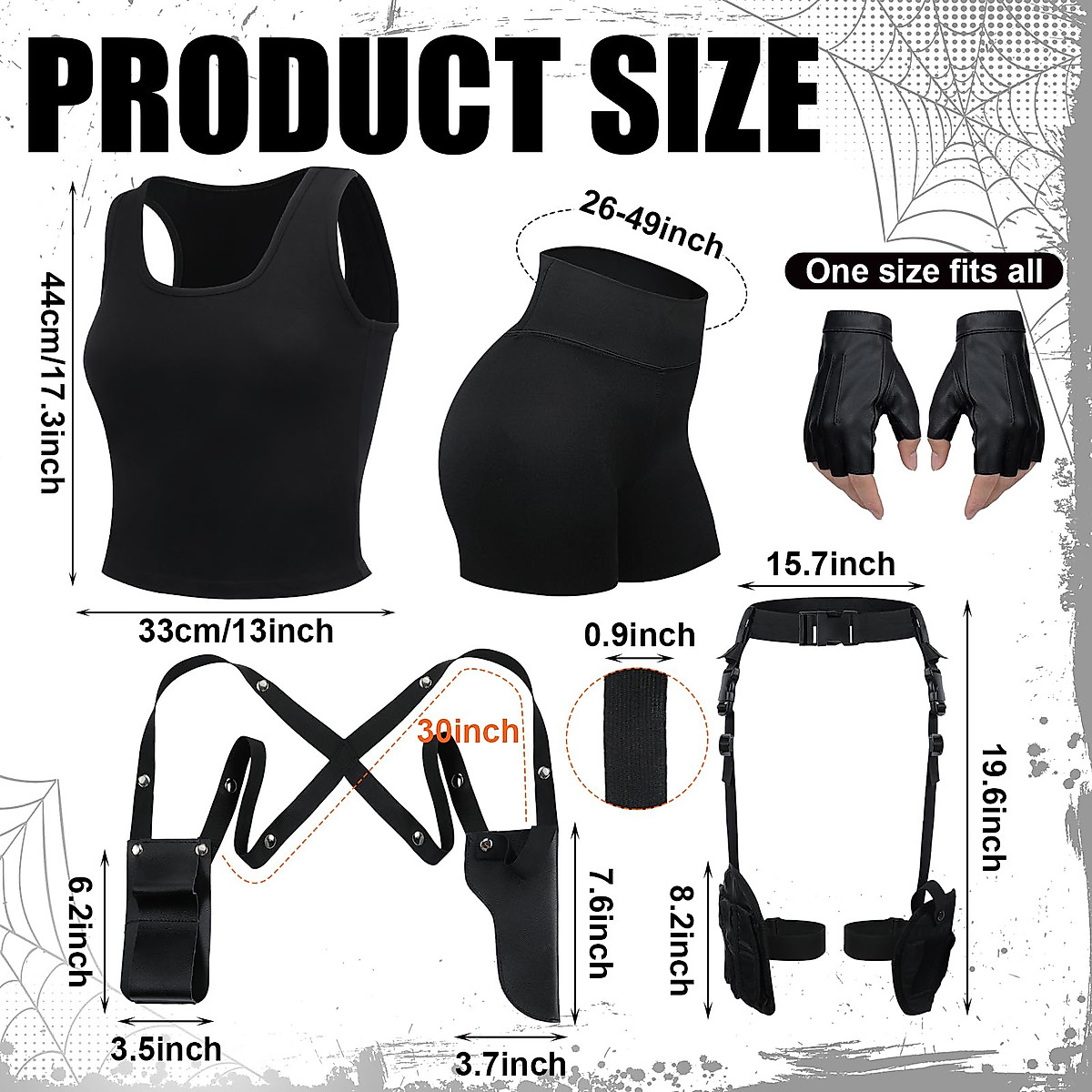 Jiuguva 5 Pcs Halloween Thigh Holsters Costume Includes Black Racerback Sleeveless Crop Tank Tops Running Shirt Spandex Shorts for Women Half Finger Driving Gloves Drop Leg Gun Holster Drop Leg Pouch