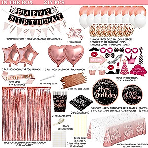 birthday decorations for women rose gold - (Total 170pcs) happy birthday Supplies for women, Balloons,tablecloth,Foil Backdrops,Plates,Cups,Photo Props,Sash,Tableware for 24 Guests