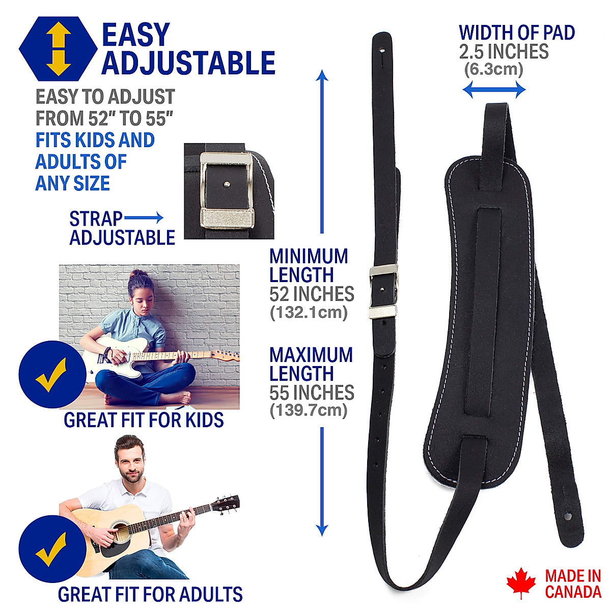 Perri's Leathers Ltd. - Basic Leather Guitar Strap for Electric, Acoustic, Bass Guitar - Adjustable Strap from 52″ to 55″ - Vintage Black (BVN-240)