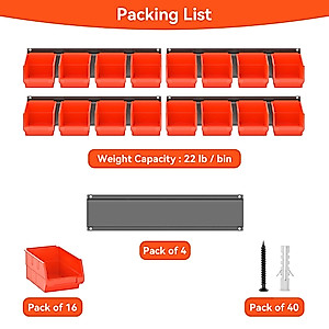 TNINE 16-Pack Plastic Wall-Mounted Stackable Storage Bins with 4 Steel Rails - Tool Organizer for Garage or Workshop
