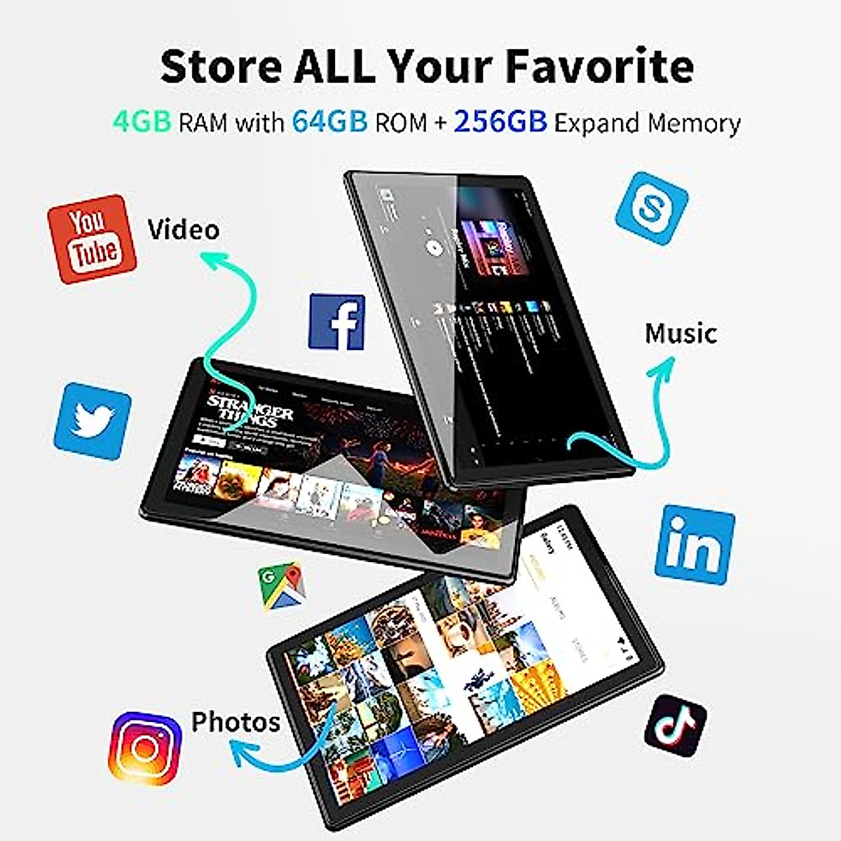 SGIN Tablet Android 12 Tablets 10.1 Inch Tablet with 4GB RAM 64GB ROM, 1.6 GHz Octa-core Processor, FHD 1280x800, 2MP + 5MP Dual Camera, Bluetooth 5.0, GPS, 6000mAh, 256GB Expansion, Black