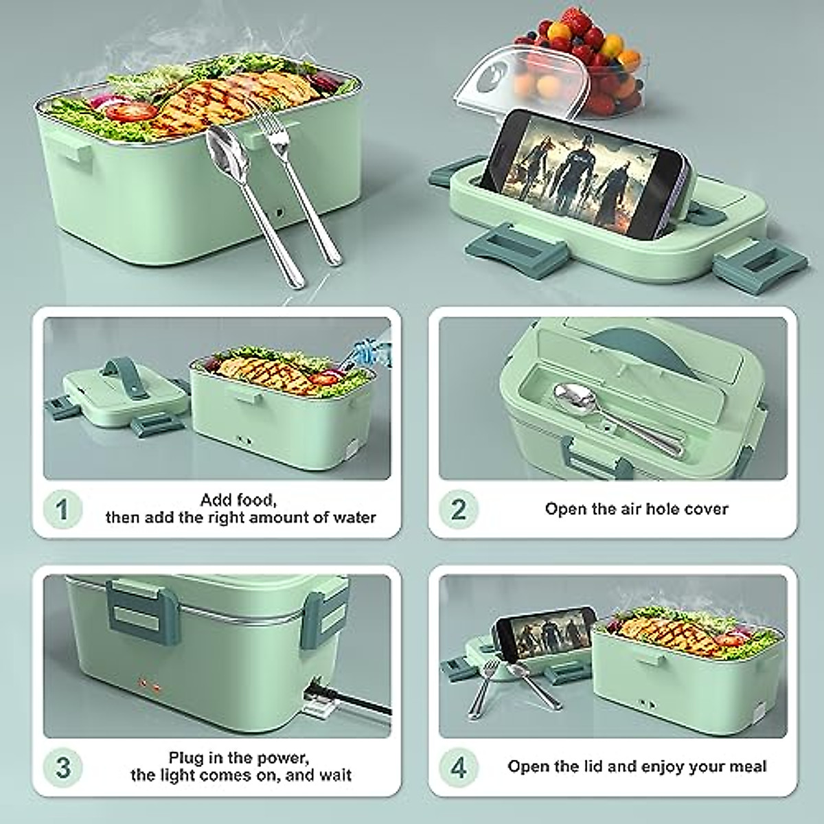 Adocfan Electric Lunch Box 75W 1.8L Food Warmer Heater 12V 24V 110V Faster Heated Lunch Box for Car/Truck/Home Portable Heating Boxes with 304 SS Container Fork & Spoon (Light green)