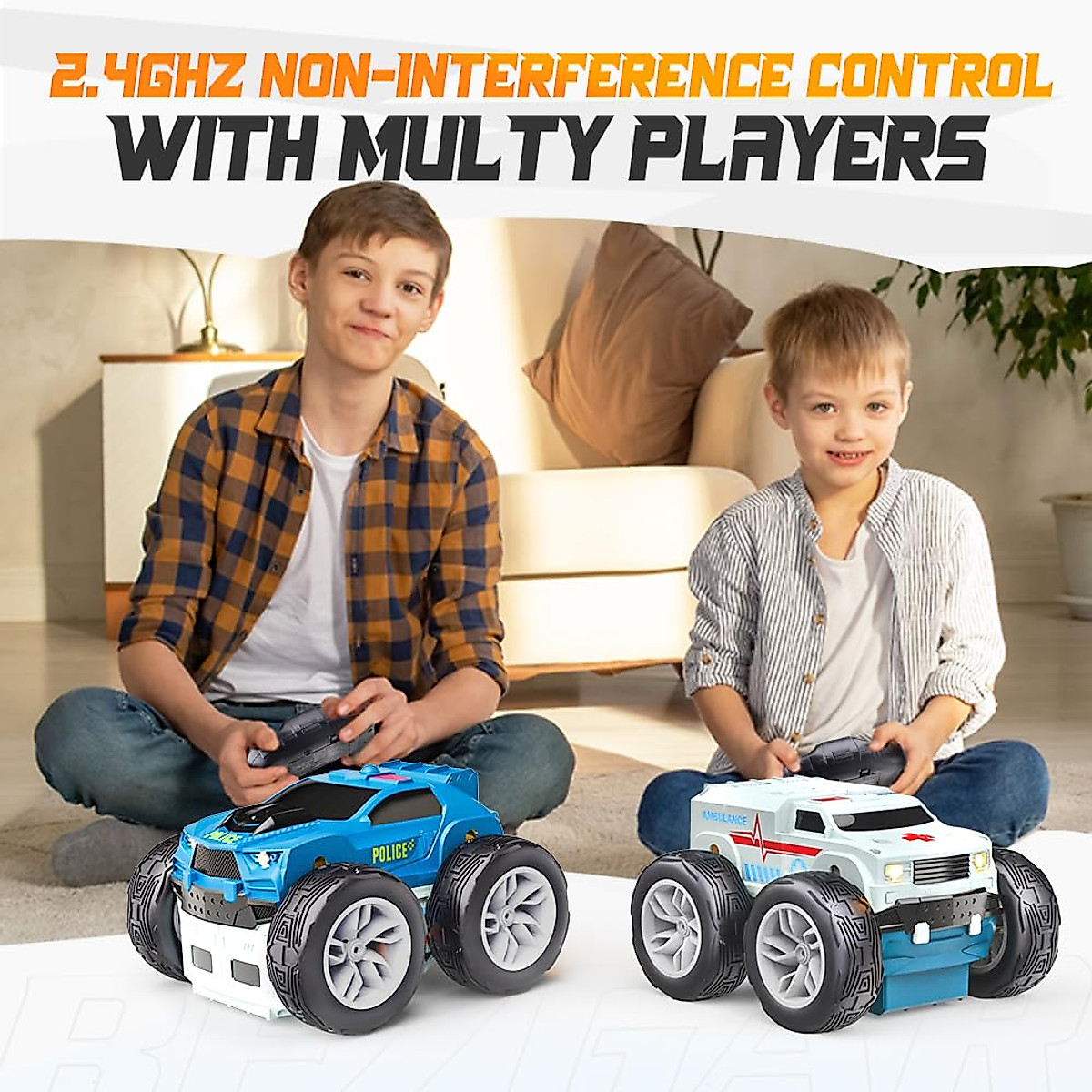 BEZGAR TD201 Remote Control Car-Police&Ambulance Car 2 in 1 Double Sided RC Stunt Car with 360 Flip Spinning Toy Car Vehicle Gifts for Boys Kids