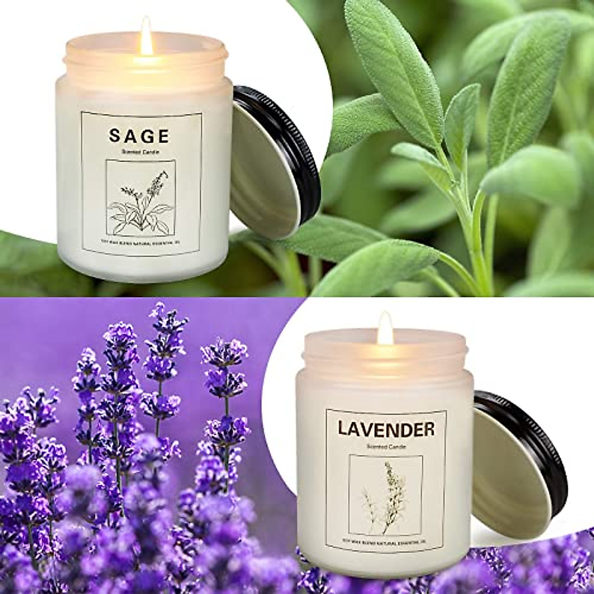 Candles for Home Scented, Sage Candles for Cleansing House & Lavender Candle for Stress Relief Long Lasting Burning Relaxing Aromatherapy Candle Gift Set for Women, Jar Candles 2 Pack