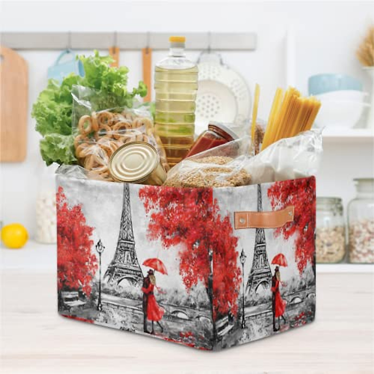 Rectangular Paris Baskets, Girls Storage Bins Kids Storage Basket with PU Leather Handles Cute Baskets Clothes Toys Box Books Baskets Gifts Baskets for Closet Shelf Nursery Bedroom 15x11x9.5 In
