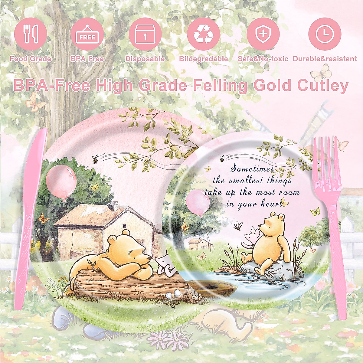 122PCS Classic Bear Baby Shower Party Supplies for Baby Girls Kids1st First Birthday Pink Neutral Winnie Bear Themed Disposable Tableware Set Plates Napkins Cups Tablecloths Banners for 20 Guests