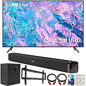 SAMSUNG UN65CU7000 65 inch Crystal UHD 4K Smart TV Bundle with Deco Gear Home Theater Soundbar with Subwoofer, Wall Mount Accessory Kit, 6FT 4K HDMI 2.0 Cables and More (2023 Model)