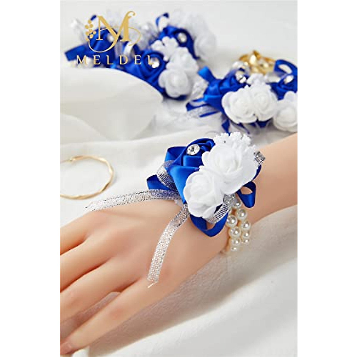 Meldel Prom Flower Wrist Corsages for Wedding, Set of 6, Royal Blue Wrist Corsages for Prom Bridal Bridesmaid Girl, Rose Hand Flower for Wedding Ceremony Anniversary,Dinner Party, Homecoming