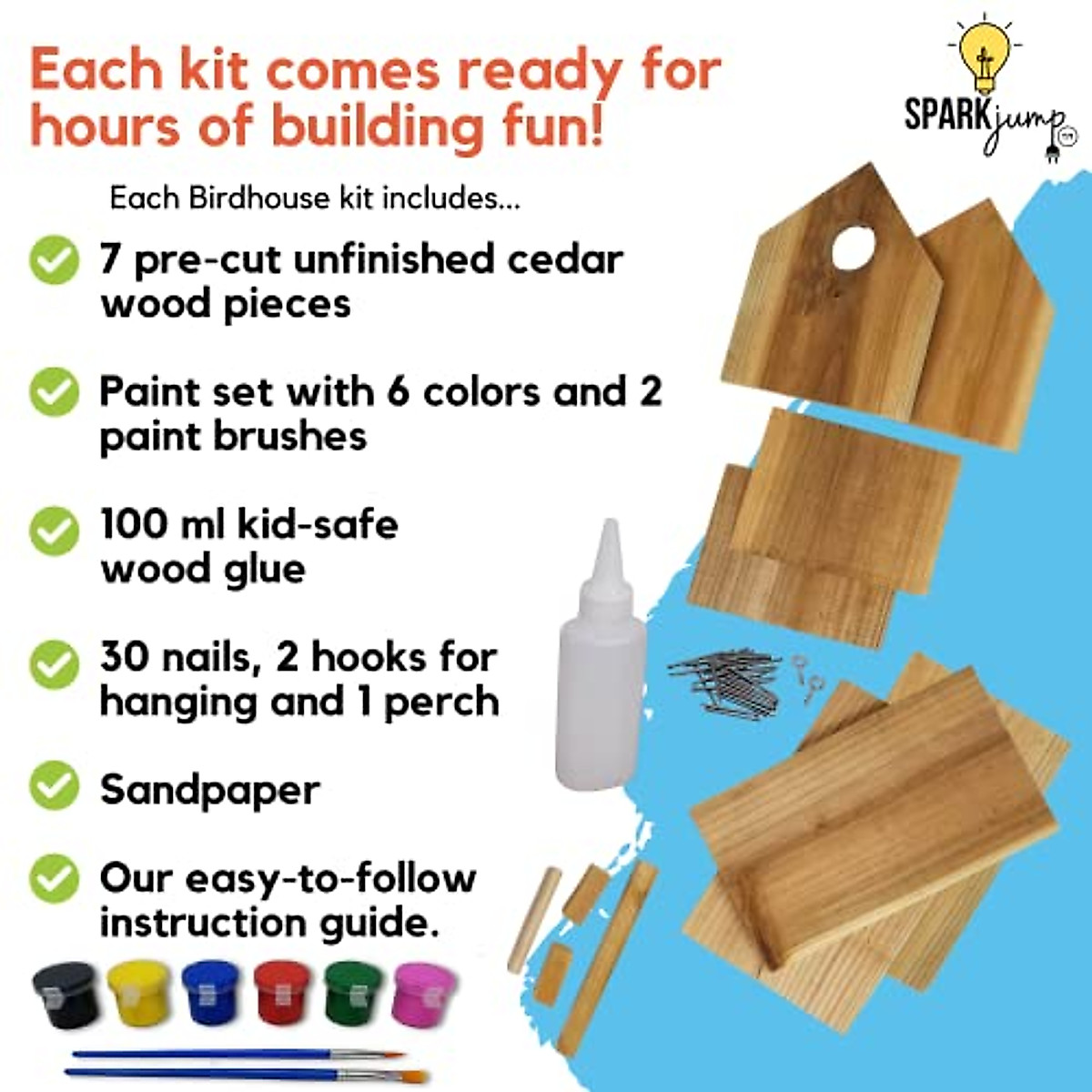 SparkJump Jr Birdhouse Kit | Cedar Wood for Outdoors | with Paint Set | Bird Feeder | DIY Crafts Woodworking Building Gardening Project for Kids, Adults, Family