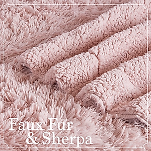 The Connecticut Home Co Bedding Blanket, Queen 90x90, Soft Plush Shag and Sherpa, Warm Throws for Bed, Gift for Women, Bedroom Luxury Home Decor Accent Blankets for Couch Sofa Chair, Dusty Rose