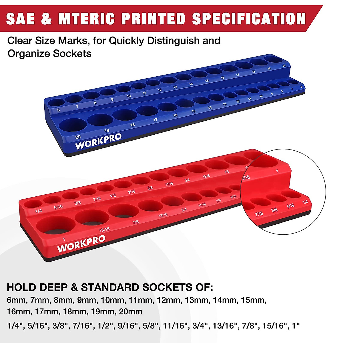 WORKPRO 3/8-inch Magnetic Socket Organizer Set, 2-Piece SAE & Metric Socket Holders, Holds 56 Standard and Deep Sockets for Tool Box, Tool Carts (Sockets Not Included)
