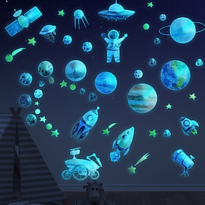 Glow in The Dark Planet and Solar System Wall Stickers for Ceiling,Glow Space Galaxy Wall Stickers Astronaut Rocket Spacecraft Alien Wall Decals for Boys Toddler Kids Bedroom Wall Decor