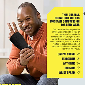 UptoFit - Copper Wrist Compression Sleeve, Hand Brace Wrist Support for Carpal Tunnel, Wrist Brace for Tendonitis, Breathable Copper Compression Sleeve, Dark/Black in Large, Pack of 1