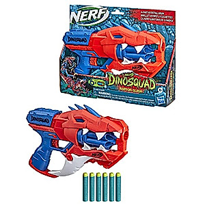 NERF DinoSquad Raptor-Slash Dart Blaster, 6-Dart Rotating Drum, Slam Fire Action, 6 Official Elite Darts, Velociraptor Dinosaur Design