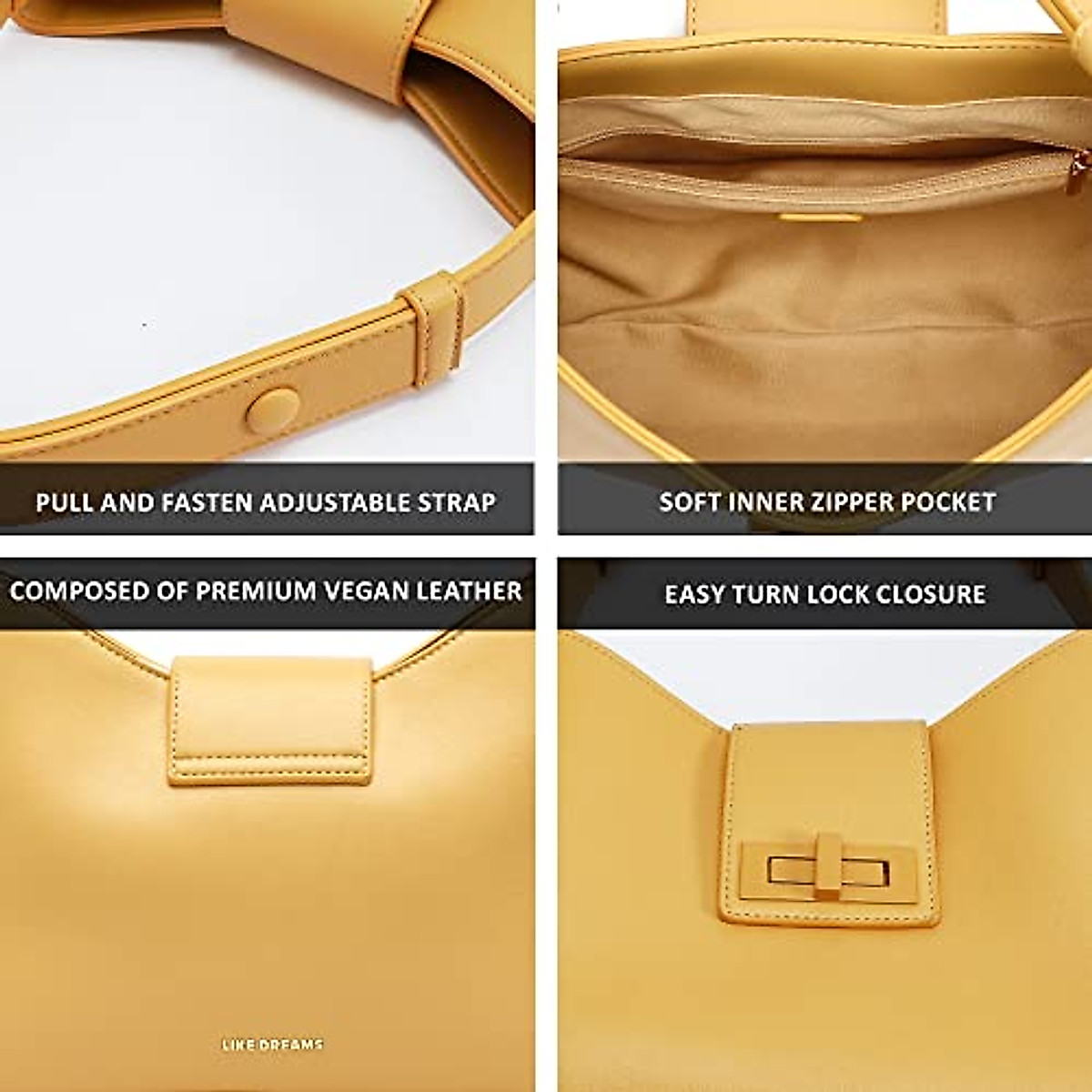 Like Dreams Womens Vintage Shoulder Bag Vegan Leather Crossbody Purse Adjustable Strap Turn Lock Fashion Handbag (Mustard)