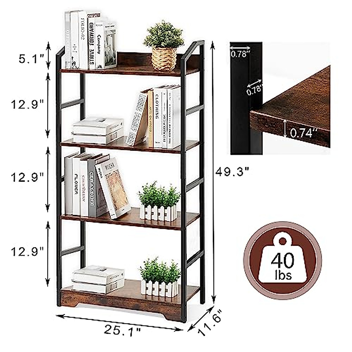 Vagusicc Industrial Display Standing Bookshelf, 4-Tier Tall Bookcase Wood Book Shelf, Modern Book Shelf Storage Organizer Steel Frame, Multipurpose Bookshelf for Living Room/Bedroom/Kitchen/Bathroom