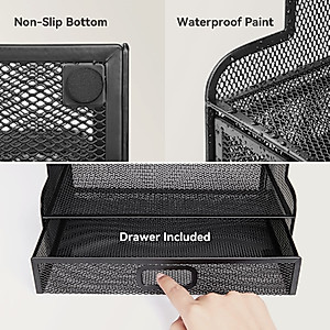 FURNINXS Mesh Desk Organizer with Drawer, Desktop Office Supplies Multi-Functional Caddy Pen Holder Stationery Accessories, Art Storage Supplies for Office Home School, Black