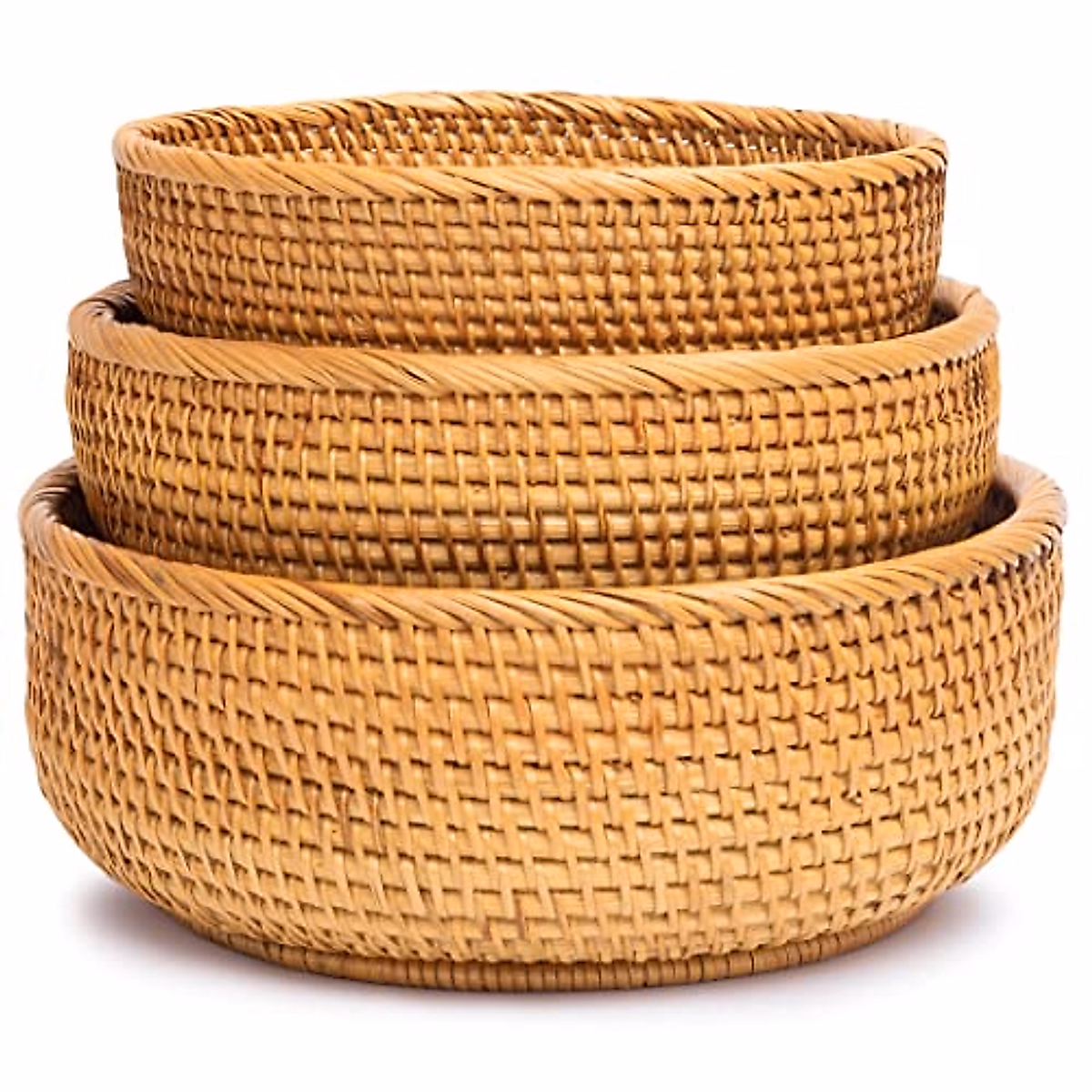 Rattan Basket for Storage Set 3 Small Bread Baskets for Serving Potatoes Onions Container Stackable Fruit Holder for Kitchen Countertop Organizing Bathroom