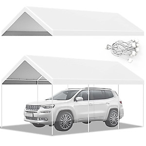 10x20 ft Carport Car Replacement Canopy Cover for Tent Party Top Garage Shelter with 26 Ball Bungees(Only Cover, Frame Not Included), white