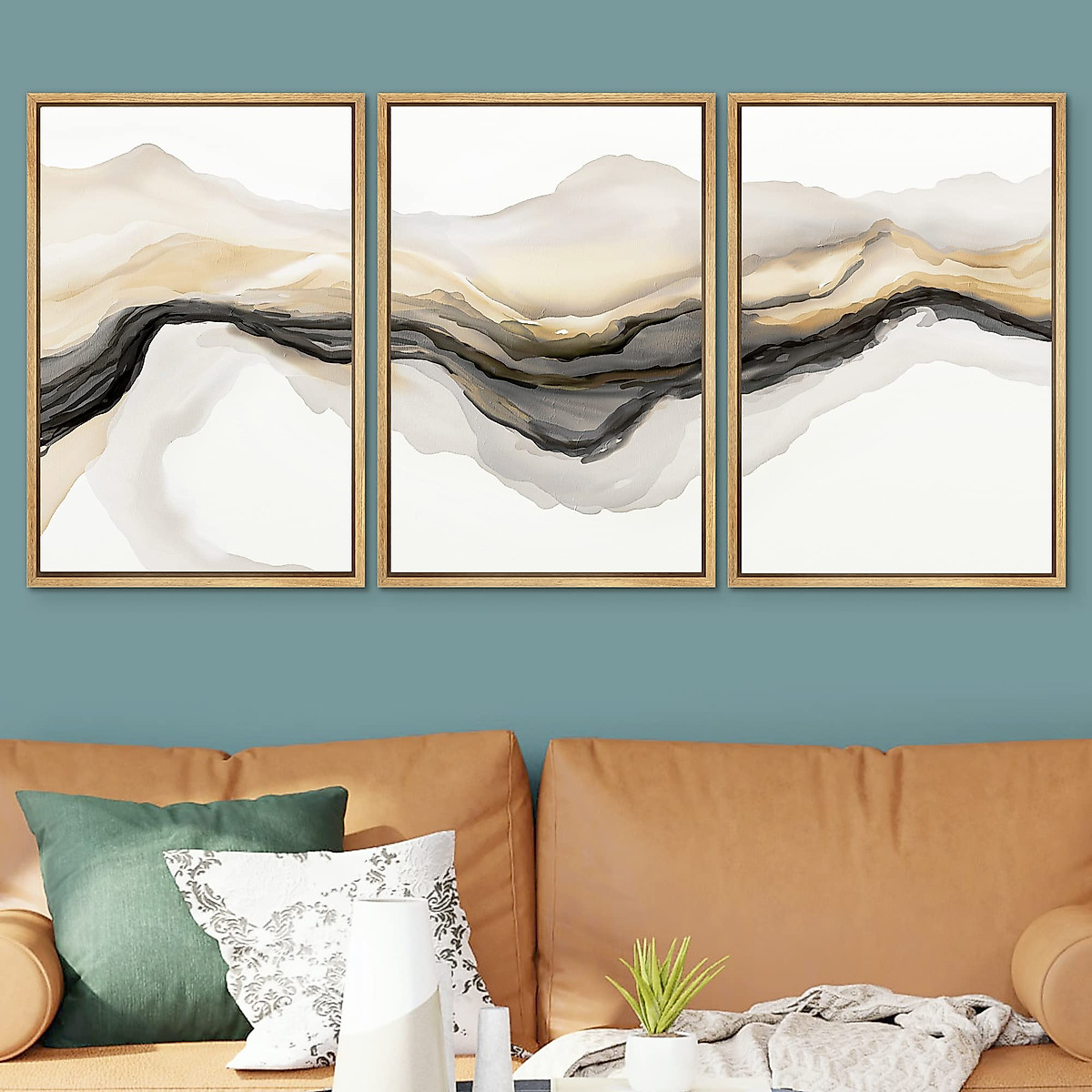 SIGNWIN Framed Canvas Print Wall Art Set Gold Gray Smoke Wave Landscape Abstract Shapes Illustrations Modern Art Decorative Contemporary Colorful for Living Room, Bedroom, Office - 16"x24"x3 Natural