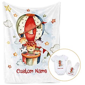Pavo Personalized Safari Baby Blanket - Jungle Animals Baby Blanket - Customized Animals On Air Balloon - includes Bib & Onesie Option - Personalized Baby Gifts for Christmas, Thanksgiving, Shower