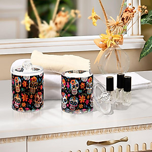 Day Of The Dead Skull Flowers Qtip Holder 2Packs Cotton Ball Holder Bathroom Organizer Dispenser Plastic Jar Apothecary Jars with Lids for Vanity Floss Cotton Pad Swab Room Home Decor