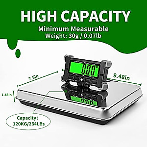 Shipping Scale, 264lbs Shipping Postal Scale with 10g High Precision, Postal Scale with Tare/Hold/Count, Stainless Steel Large Platform, Backlit LCD Display, Battery & USB Power Supply Included