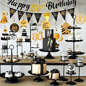 Hapdoo 80th Birthday Decorations Set - 80th Birthday Decorations Men Happy 80th Birthday Banner Triangle Flag Hanging Swirls Streamers for Women Men Birthday Party Decorations Supplies, Black and Gold