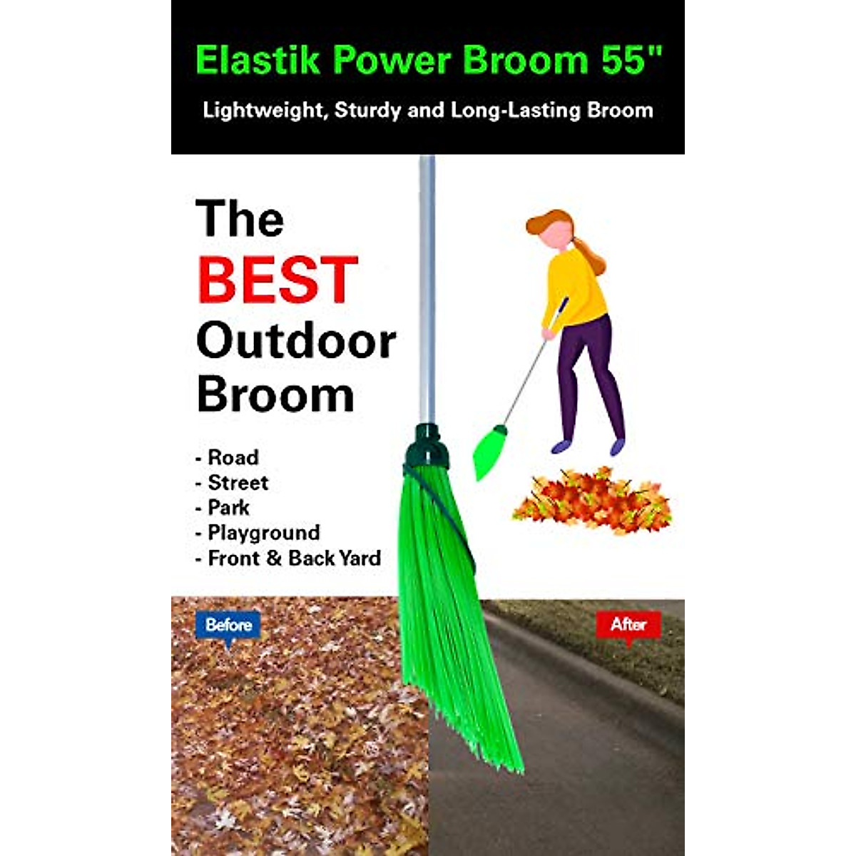 JaniLink Elastik Power Green Broom 55&quot; - Heavy Duty All Purpose Broom