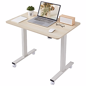 Okin Small Rolling Standing Desk, 36" x 24" One Piece Top Height Adjustable Desk, Electric Stand Up Desk with 4 Caster Wheels, Mobile Sit to Stand Workstation, Light Oak Table Top, White Frame