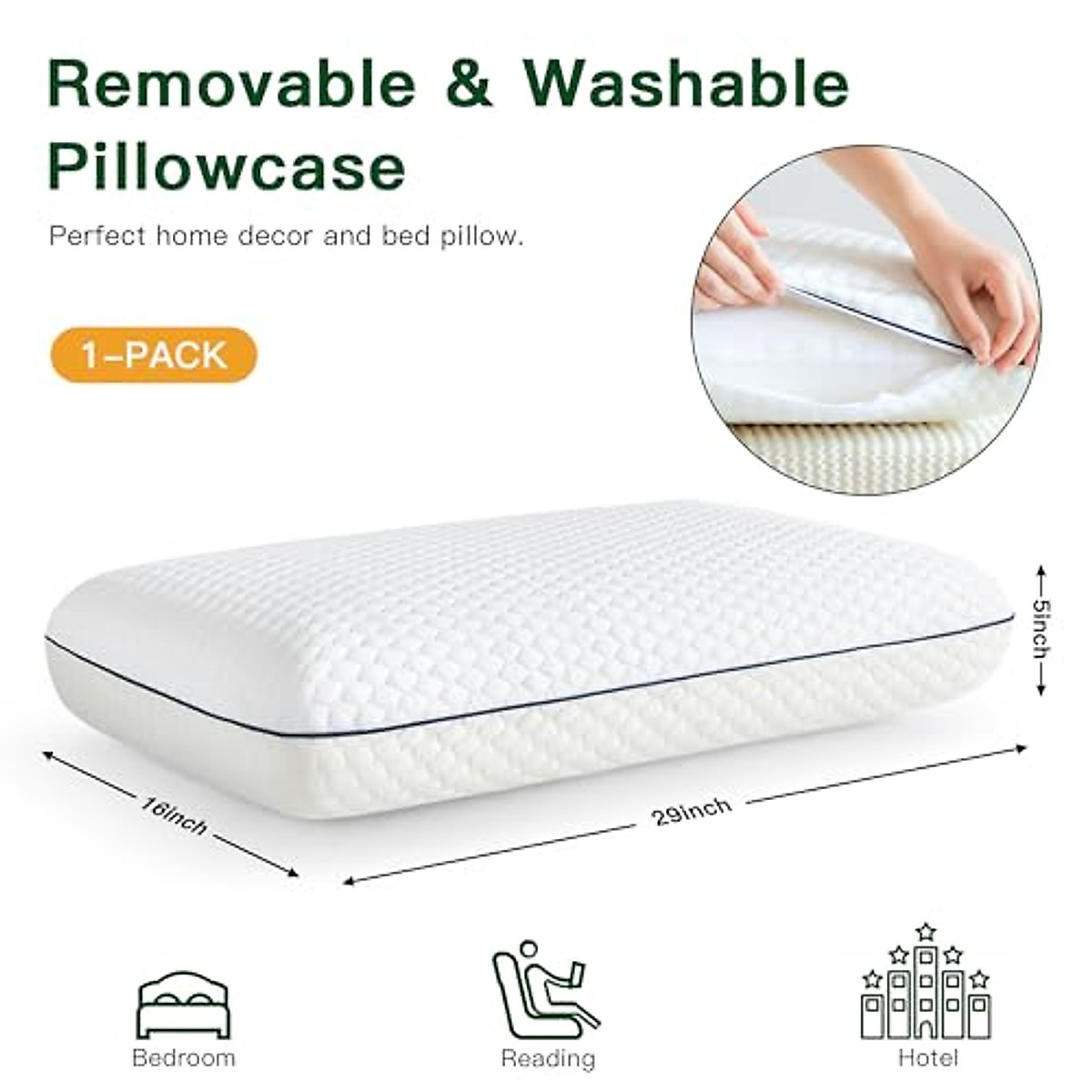 OTOSTAR Memory Foam Pillow, Cooling & Ventilated Bed Pillow with Washable Cooling Pillow Cover, Breathable Memory Foam Pillow for Sleeping, 1 Pack Queen Size