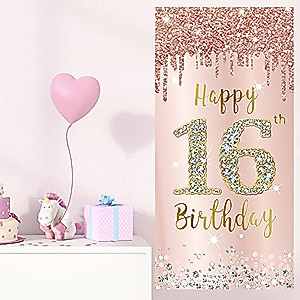 16th Birthday Door Banner Decorations for Girls, Pink Rose Gold Sweet 16 Birthday Door Cover Backdrop Party Supplies, Large Happy Sixteen Year Old Birthday Poster Sign Decor