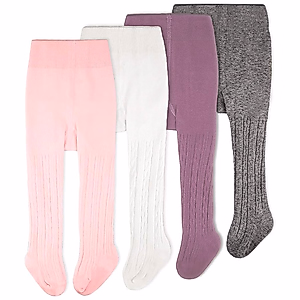 CozyWay Cable Knit Cotton Leggings/Tights for Baby Girls, 4 Pack, White/Pink/Purple/Gray, 6-12 Months Old
