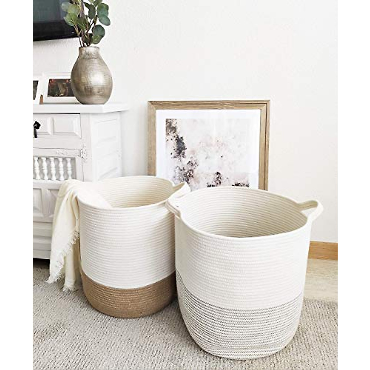 Large Woven Storage Baskets (Set of 2) Decorative Blanket Basket for Living Room, Toys, Pillows, Nursery or Towels. Laundry Hamper. Baskets for Organizing. Cotton Rope Baskets