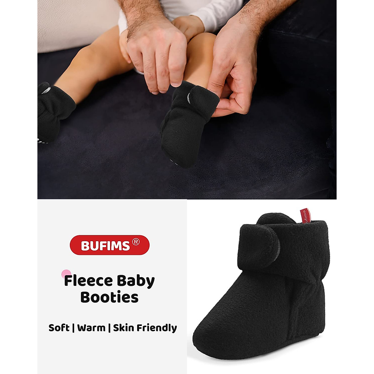 Baby Booties 6-12 Months Unisex Cozy Fleece Newborn Booties Non-Slip Newborn First Walkers Shoes Toddler Slippers for Baby Boys & Baby Girls Gifts, Black