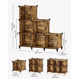 SONGMICS 6 Cube Storage Organizer, DIY Closet Shelf, Plastic Clothes Organizer, Modular Bookcase, 11.8 x 11.8 x 11.8 Inch Cubes, with Feet and Rubber Mallet, Rustic Brown ULPC111A01