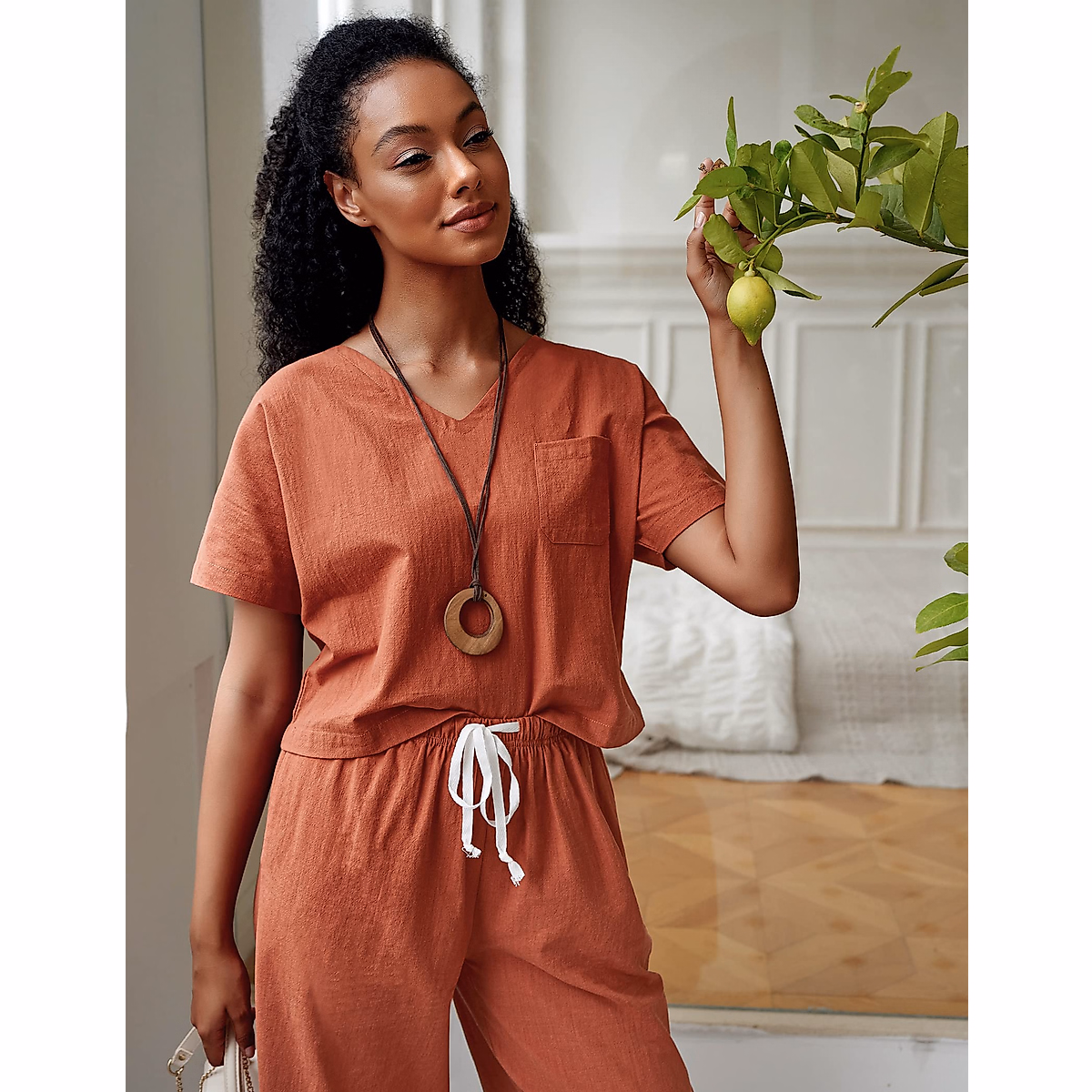 Ekouaer Women's 100% Cotton Linen Lounge Set Short Sleeve Top Wide Leg Pant Pajama Set Outfits,Clay,Medium