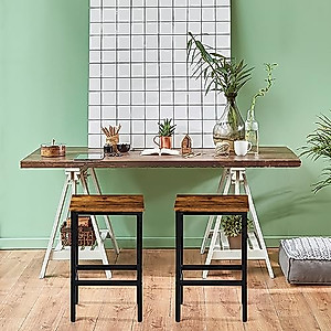 SUPER DEAL Counter Height Bar Stools Set of 2 for Kitchen, 26 Inches Industrial Backless Metal BarStools with Wood Top, Rustic Brown