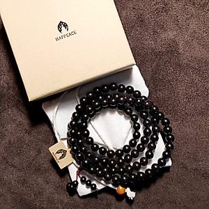 HAPPEACE 8mm Inelastic rope Natural Ebony 108 Mala beads- Tibetan Prayer bead or Meditation