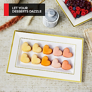 (12 Pcs) Premium White and Gold Plastic Serving Tray, Plastic Serving Platter Disposable, White Rectangle Party Trays and Platters for Fruit, Dessert, Cookies, Appetizers, Holiday Parties