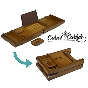 Cabot & Carlyle Luxury Bath Caddy Tray for Tub | Bath Table | Premium Bamboo Bathtub Tray for Tub | Fits All Bath Accessories Wine Glass, Books, Tablets, Cellphones, Shampoo | Bath Shelf Foldable.