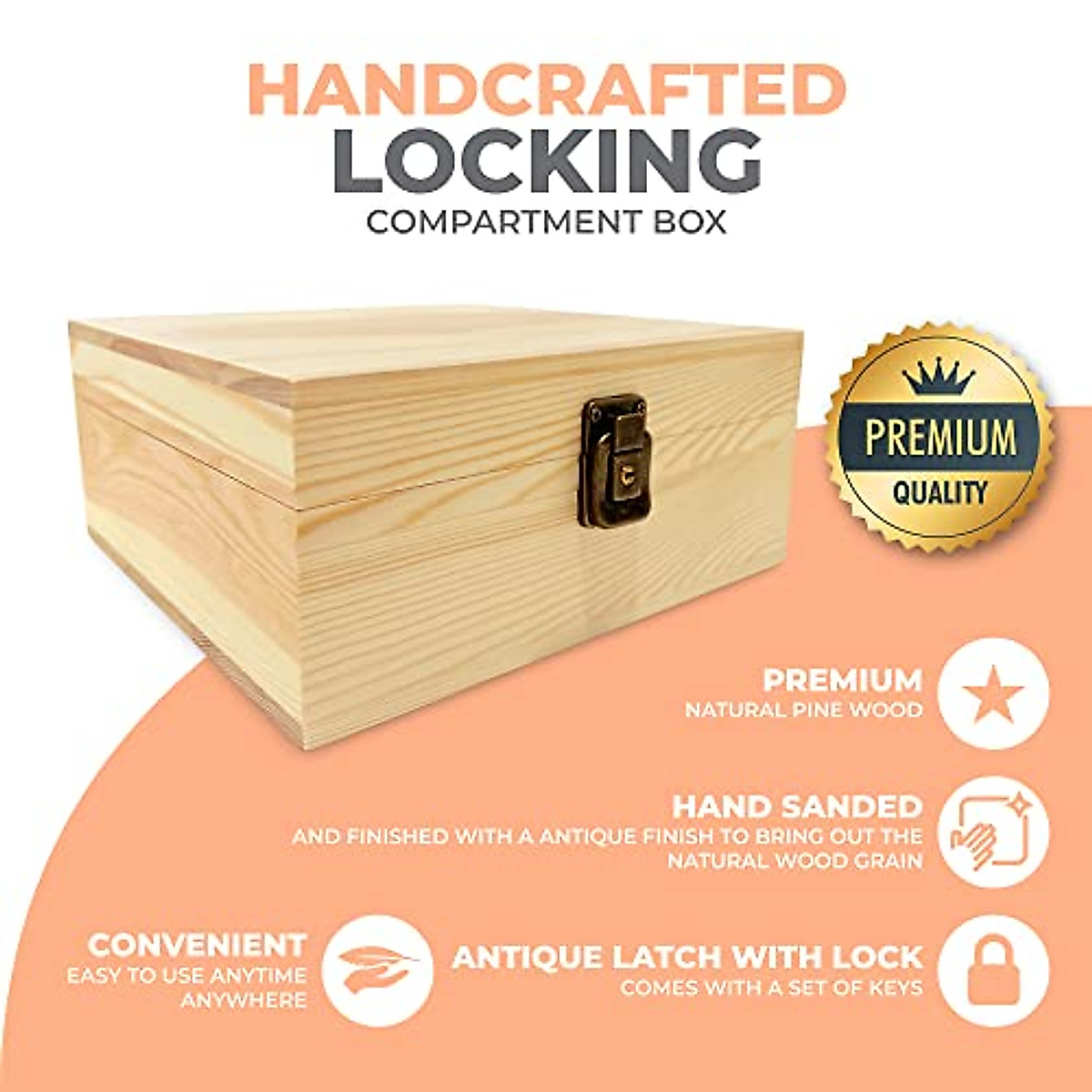 Swag Gear Wooden Keepsake Box with Lock and Storage Compartments Locking Wood boxes for Keepsakes Jewelry Knick Knacks Art Supplies (Natural)