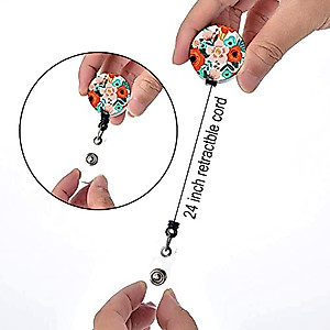Retractable Badge Reel Alligator Clip 24 in Nylon Cord, Nurse Badge Holder, Badge ID Clip Office Employee Name Badge-Trendy Floral Pink and Orange