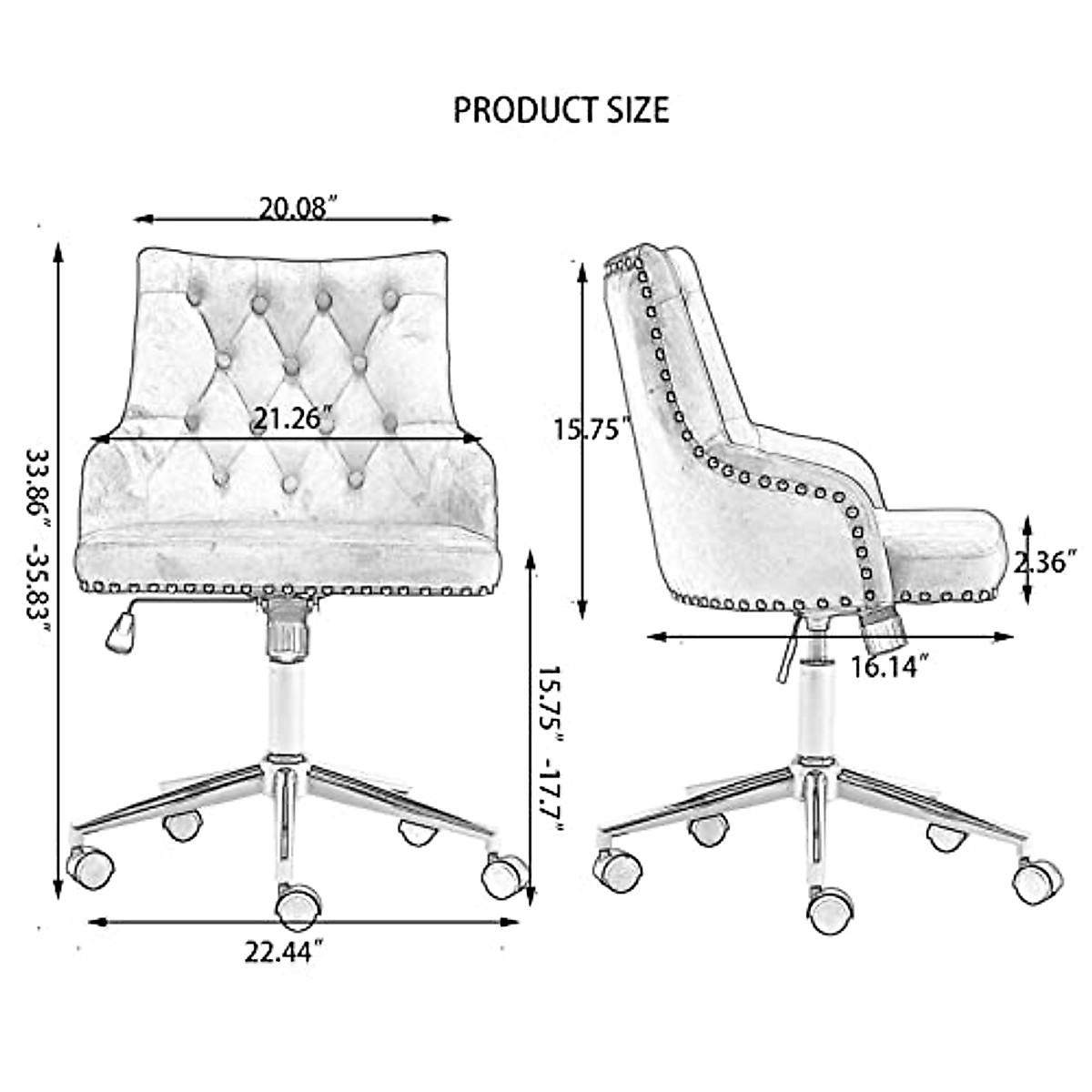 Home Office Chair Swivel Accent Armchair Velvet Upholstered Tufted Chairs Mid Back Ergonomic Study Task Seat Morden Computer Desk Stools w/Nailhead Trim for Living Room Bedroom (Grey)