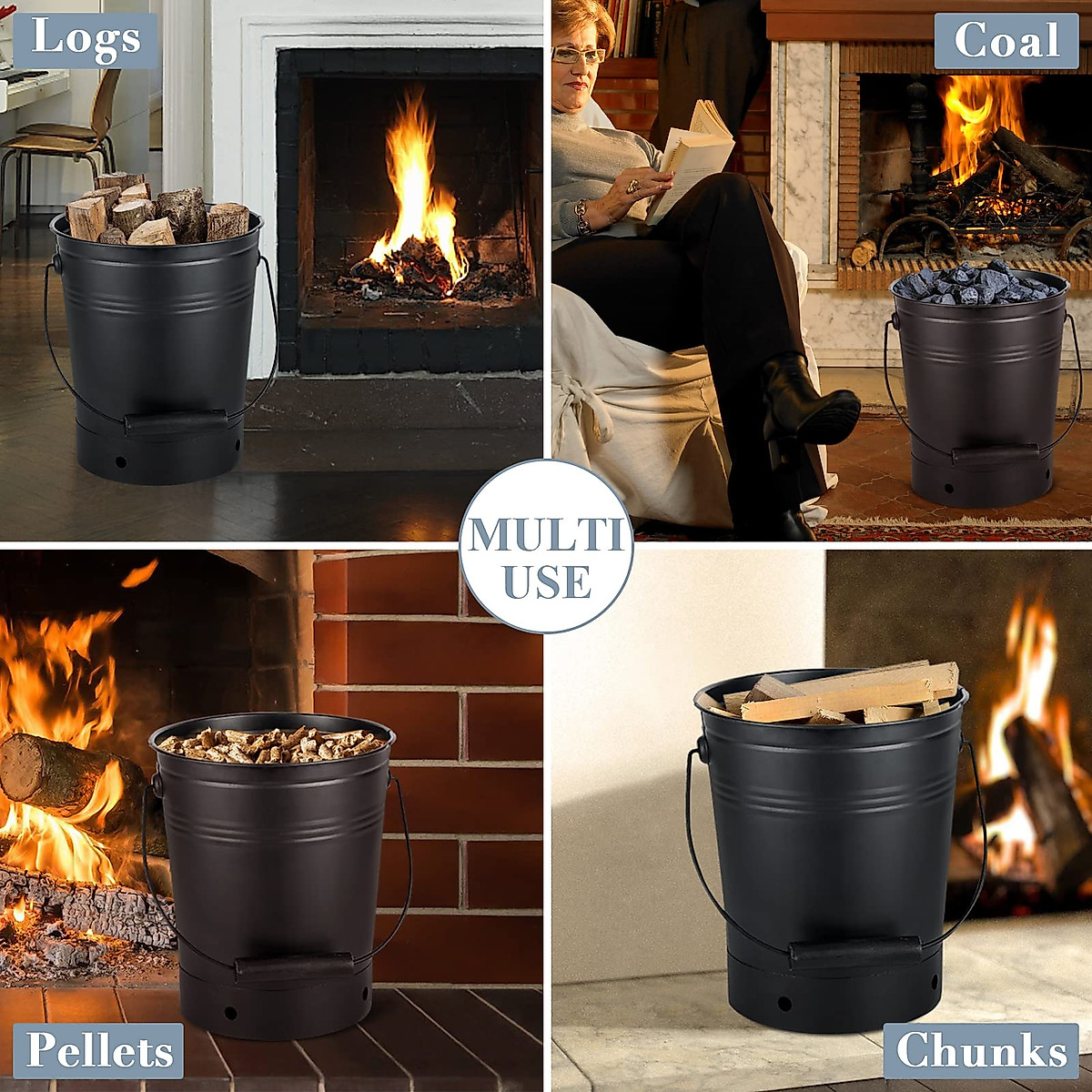 Ash Bucket with Lid and Coal Shovel, Fireplace Metal Bucket, Charcoal Bucket, Ash Can, Galvanized Iron Ash Bucket for Hearth, Fire Pit, Wood Burning Stove, Grill, Black