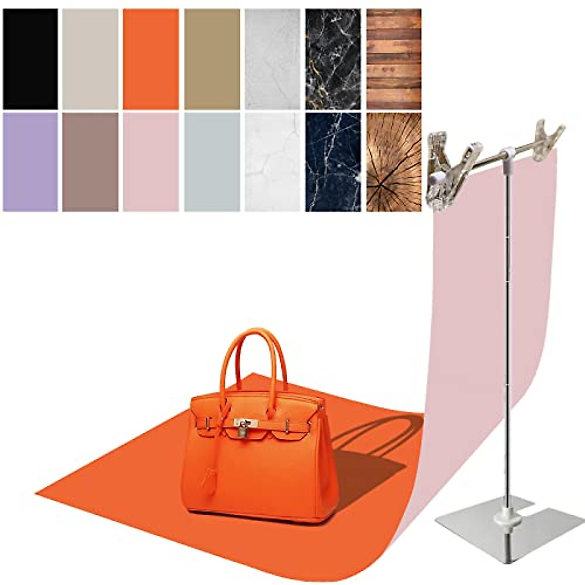 Exzycke 7PCS 14Patterns Photography Background Paper with Stand, 34x23in Double-Sided Photo Tabletop Backdrops Props for Food Jewelry Cosmetics Makeup (Black Purple Orange)