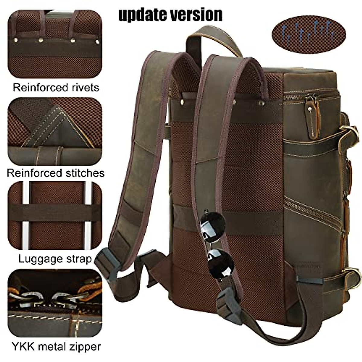 Masa Kawa Vintage Full Grain Leather Backpack for Men Fits 15.6 Inch Laptop Brown Travel Rucksack Bag Casual Daypack