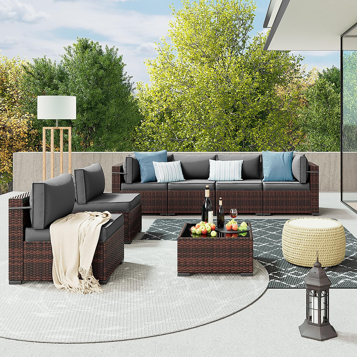 Amopatio Patio Furniture Set 7 Pieces Patio Conversation Set, Outdoor Sectional Wicker Rattan Sofa with All-Weather Cover and Pillows, Fits Porch Garden Backyard Balcony(Grey)
