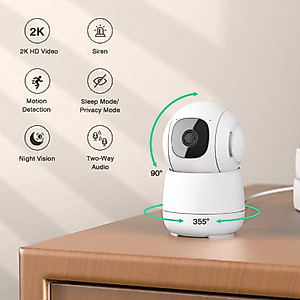 SEHMUA Indoor Security Camera, 2K & 360 Degree Pet Wi-Fi Home Camera with Smart AI Motion Detection for Baby/Dog/Elder, Night Vision, 2-Way Audio, Siren, 24/7 SD Card Storage White