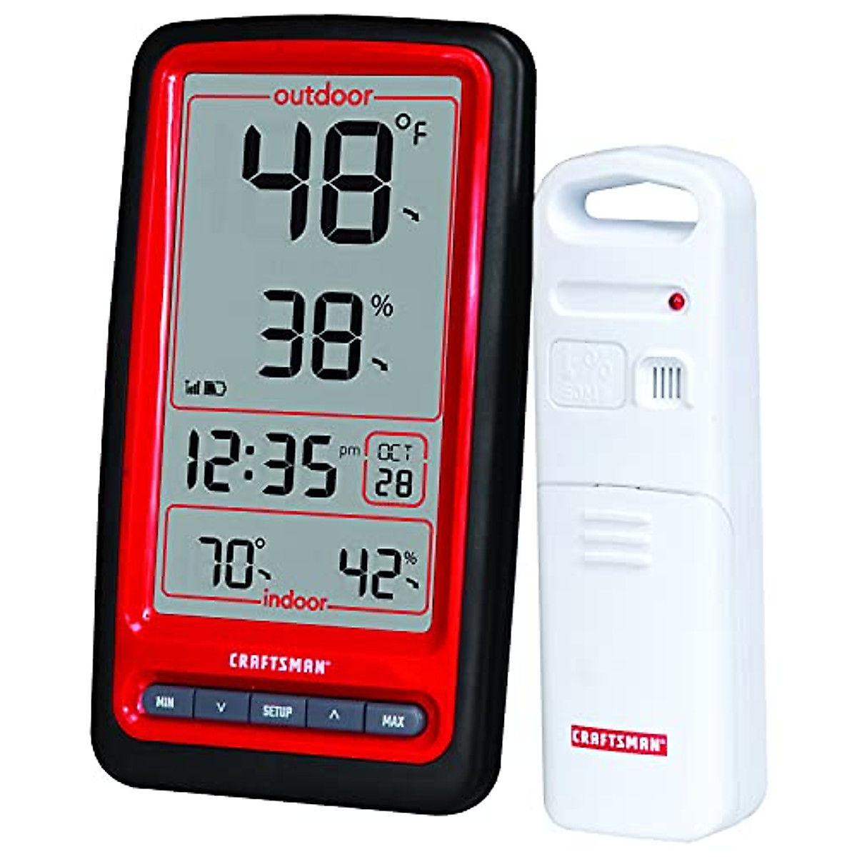 Craftsman Wireless Easy to Read Thermometer with Indoor and Outdoor Temperature & Humidity with Trend Arrows and Daily Date and Time (CMXWDCR01137), Red